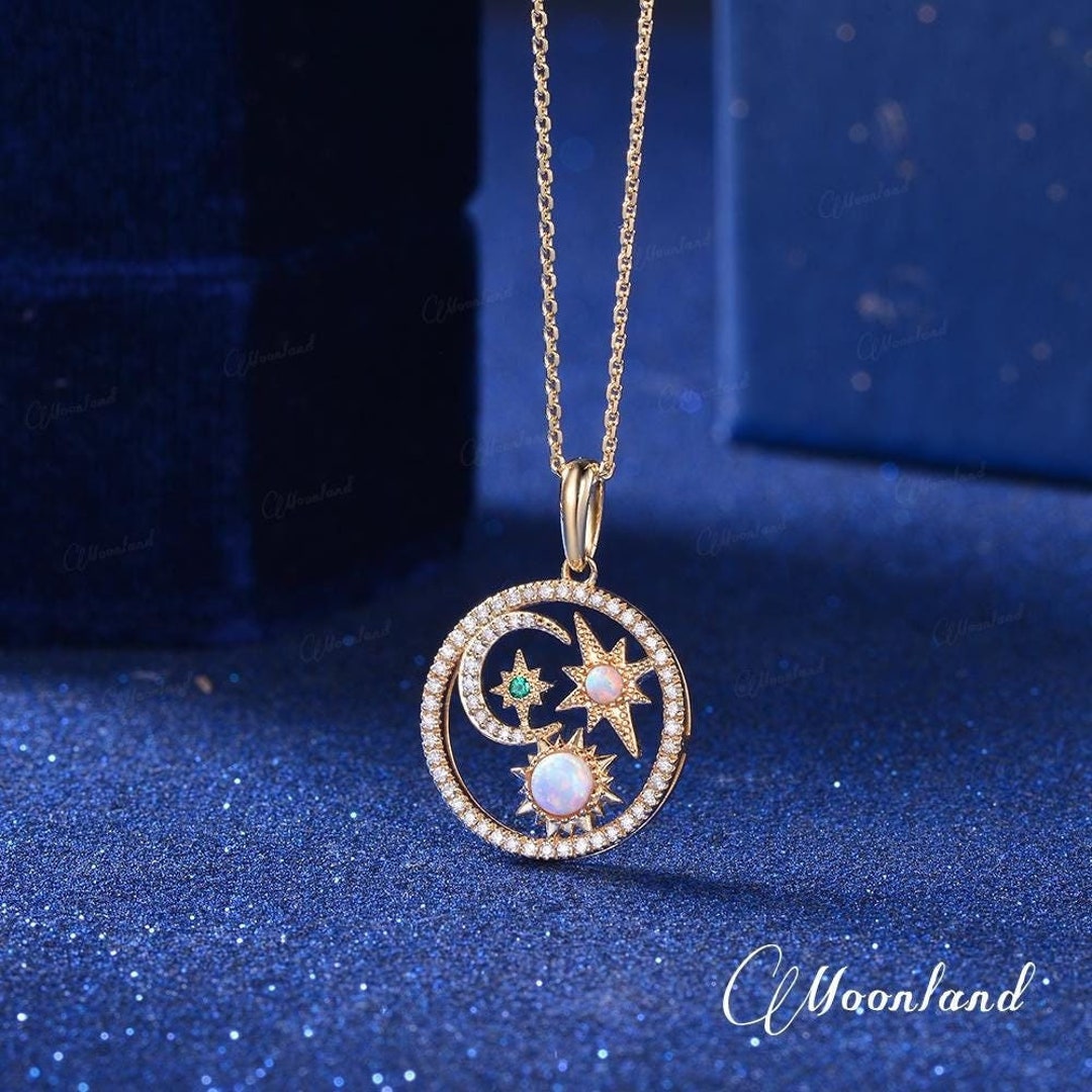Dainty Sun Moon North Star Pendant Necklace Unique Opal Moissanite Halo ...