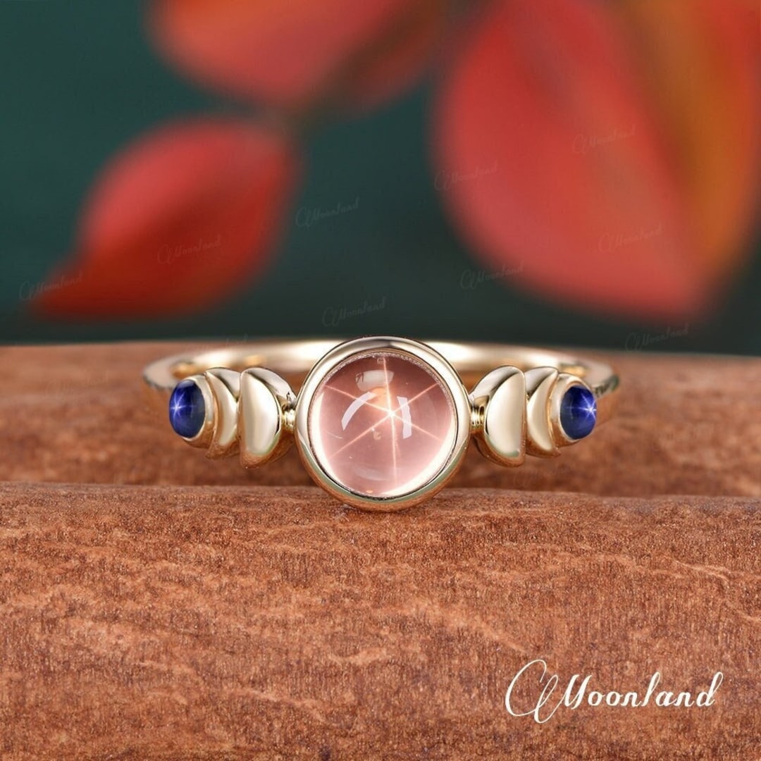 Unique Star Rose Quartz Engagement Ring Yellow Gold Phases of the Moon ...