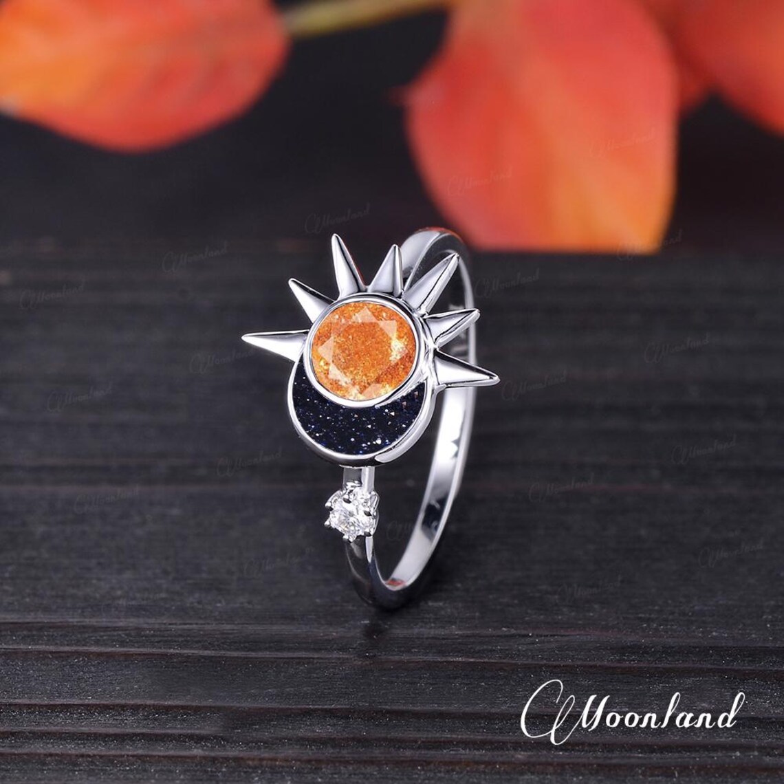 Unique Sunstone Engagement Ring Sun & Moon Ring Blue Sandstone Galaxy ...