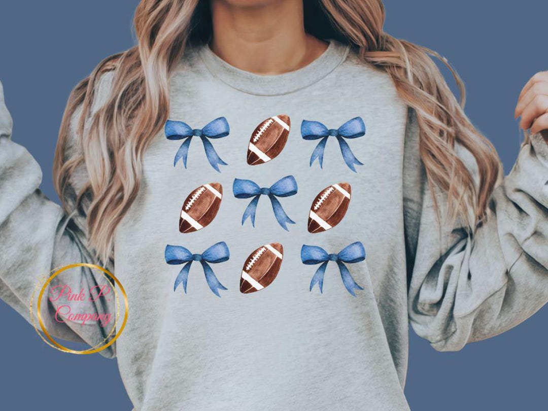 Coquette Blue Bows & Football Clipart, Watercolor Sport Illustration ...