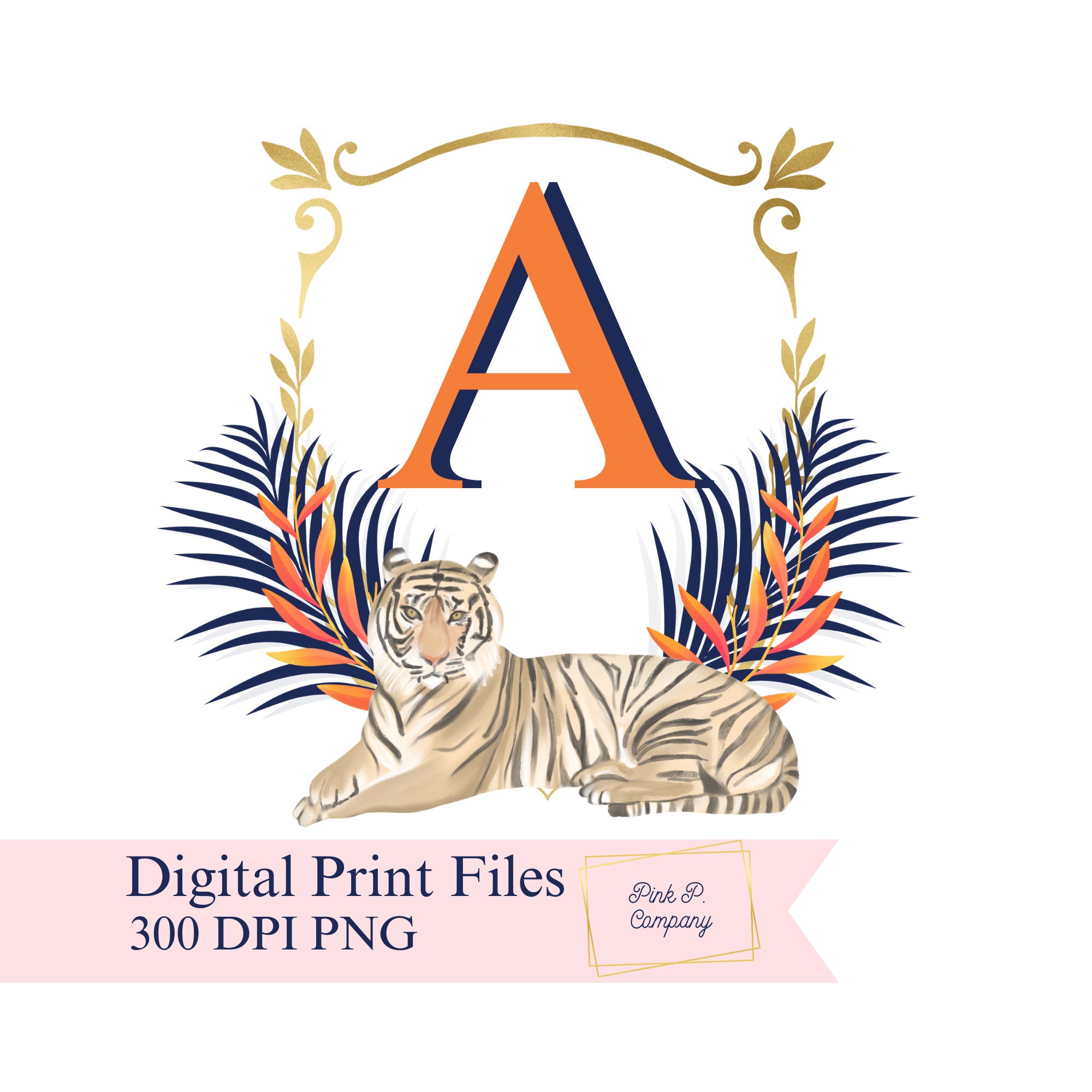 Custom Tiger Monogram With Gold Crest Orange and Blue Preppy Printable ...