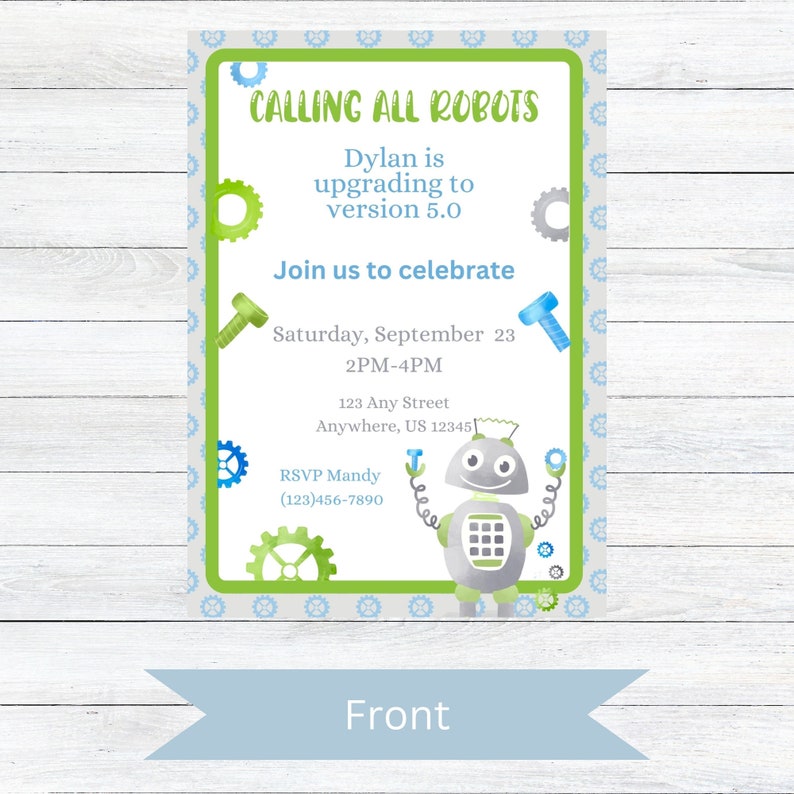 Editable Robot Birthday Party Invitation Canva Template, Robot Party ...
