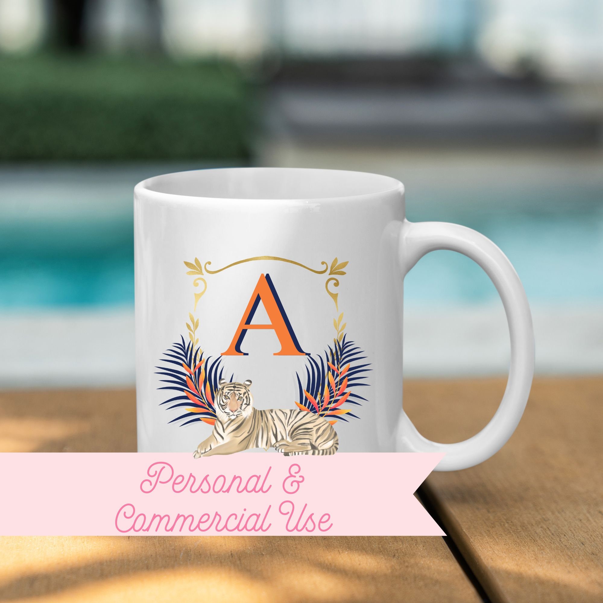 Custom Tiger Monogram With Gold Crest Orange and Blue Preppy Printable ...