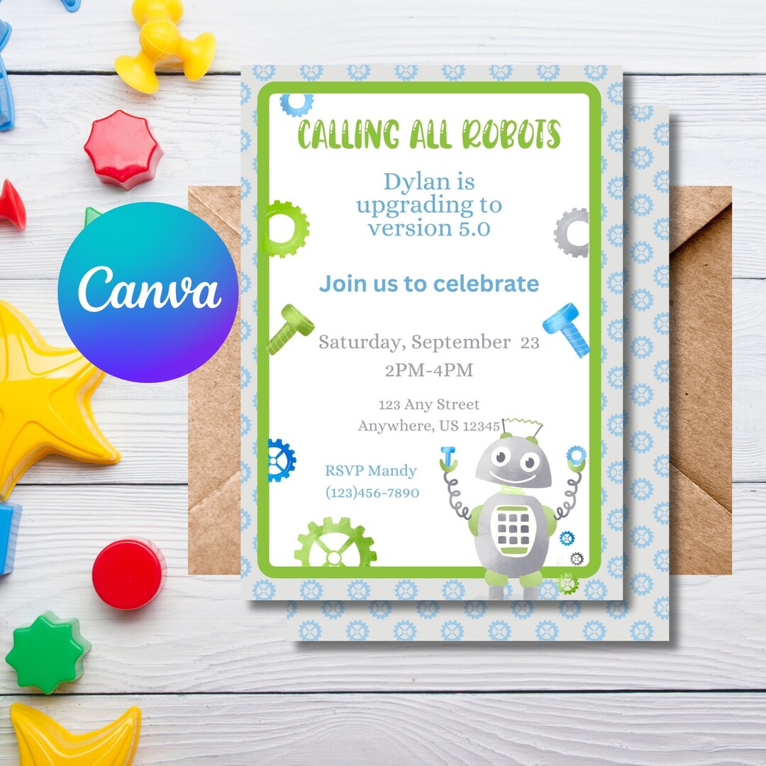Editable Robot Birthday Party Invitation Canva Template, Robot Party ...