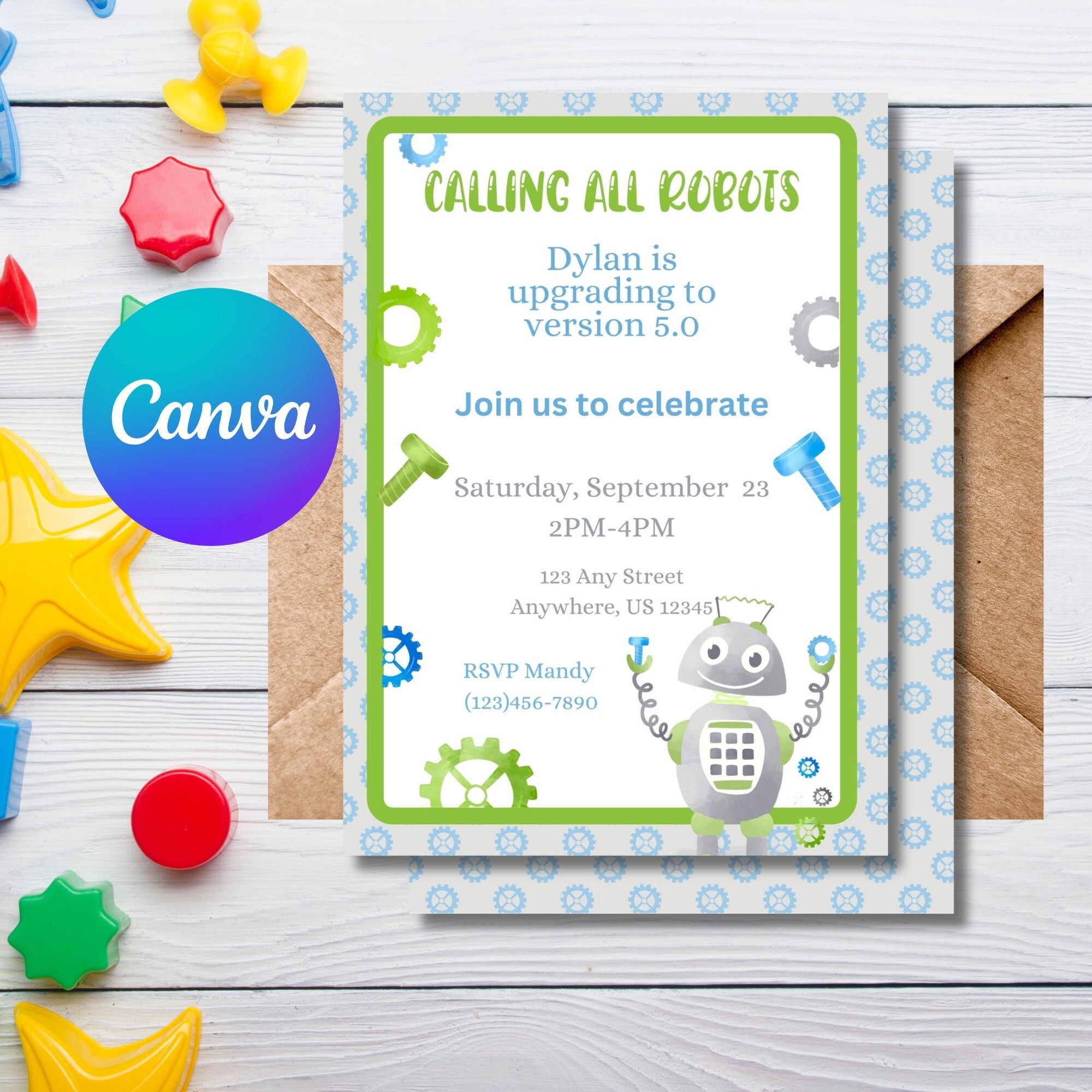 Editable Robot Birthday Party Invitation Canva Template, Robot Party ...