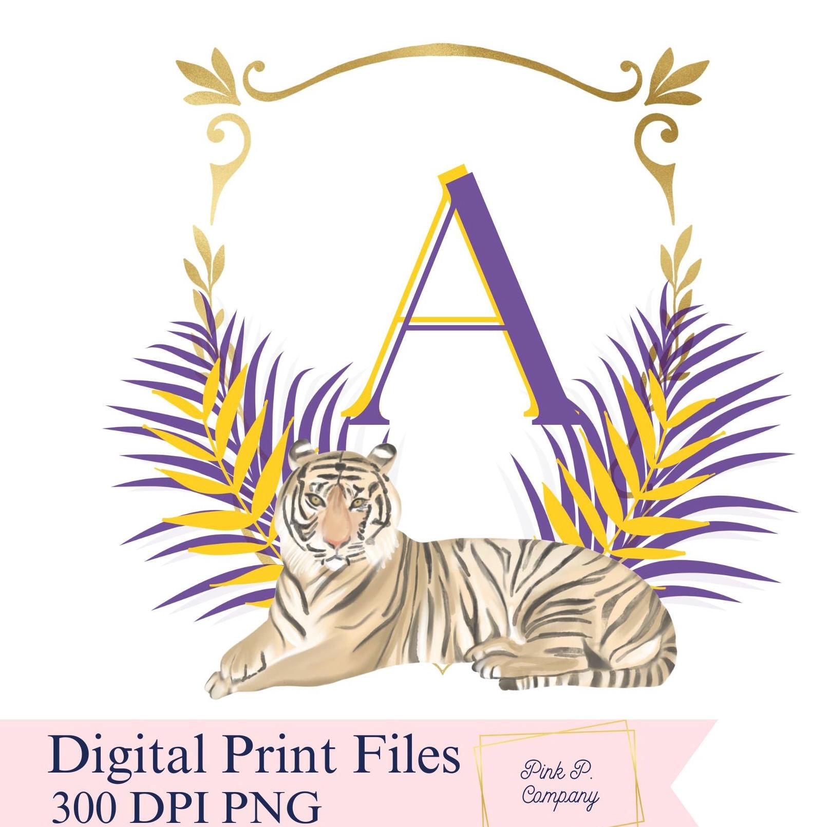 Purple & Gold Watercolor Tiger Initial Monogram Crest for DIY Crafts ...