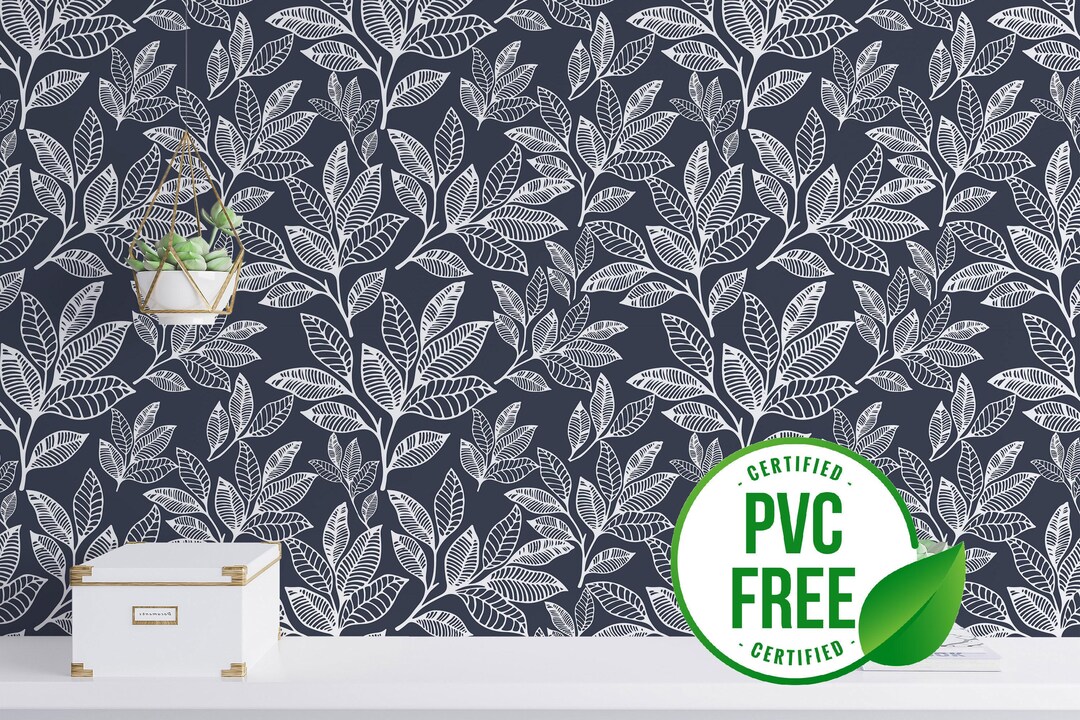 Navy Blue Leaf Wallpaper | Removable Peel and Stick Wallpaper or ...