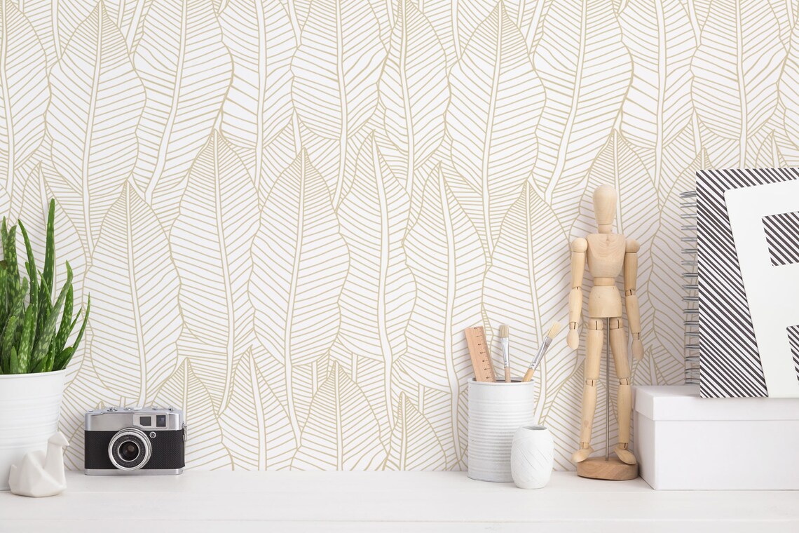 Leaf Wallpaper Line Art Removable Peel and Stick Wallpaper - Etsy