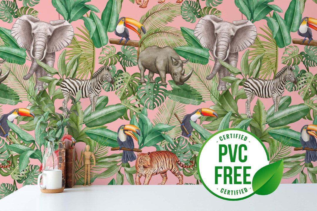Green and Pink Tropical Wallpaper Removable Peel and Stick Wallpaper or ...