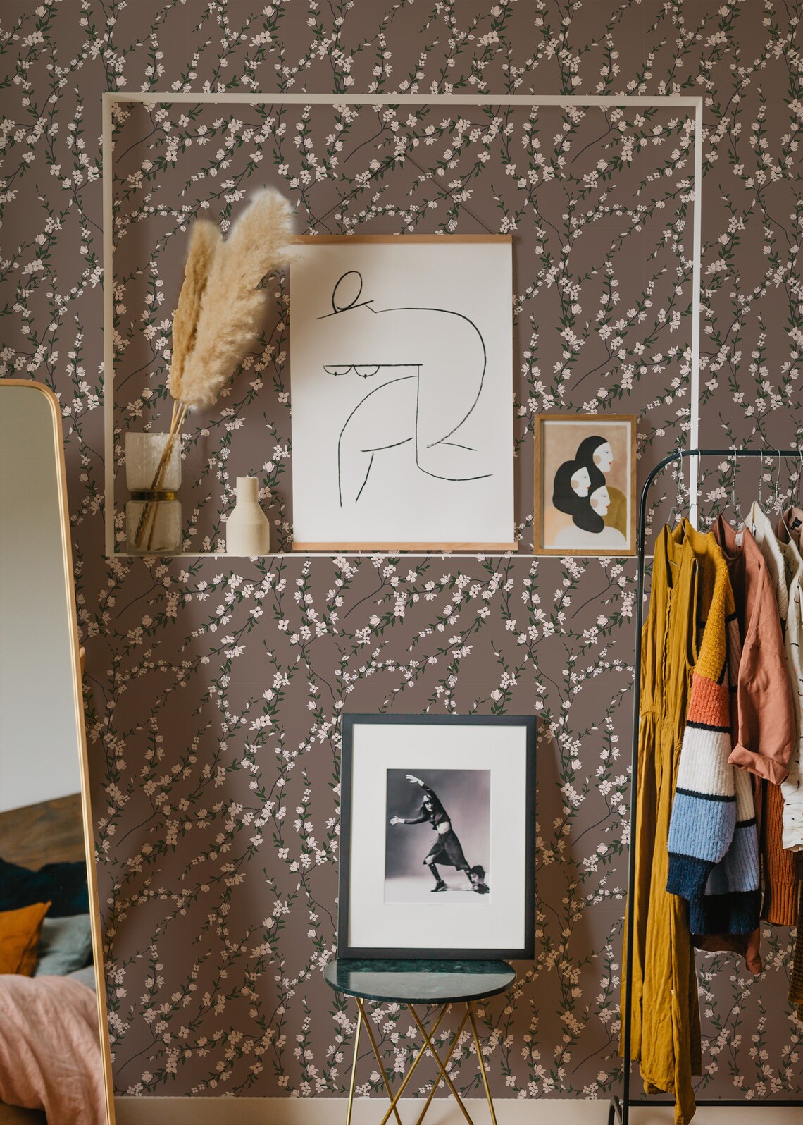 Brown Floral Wallpaper Removable Peel and Stick Wallpaper or - Etsy