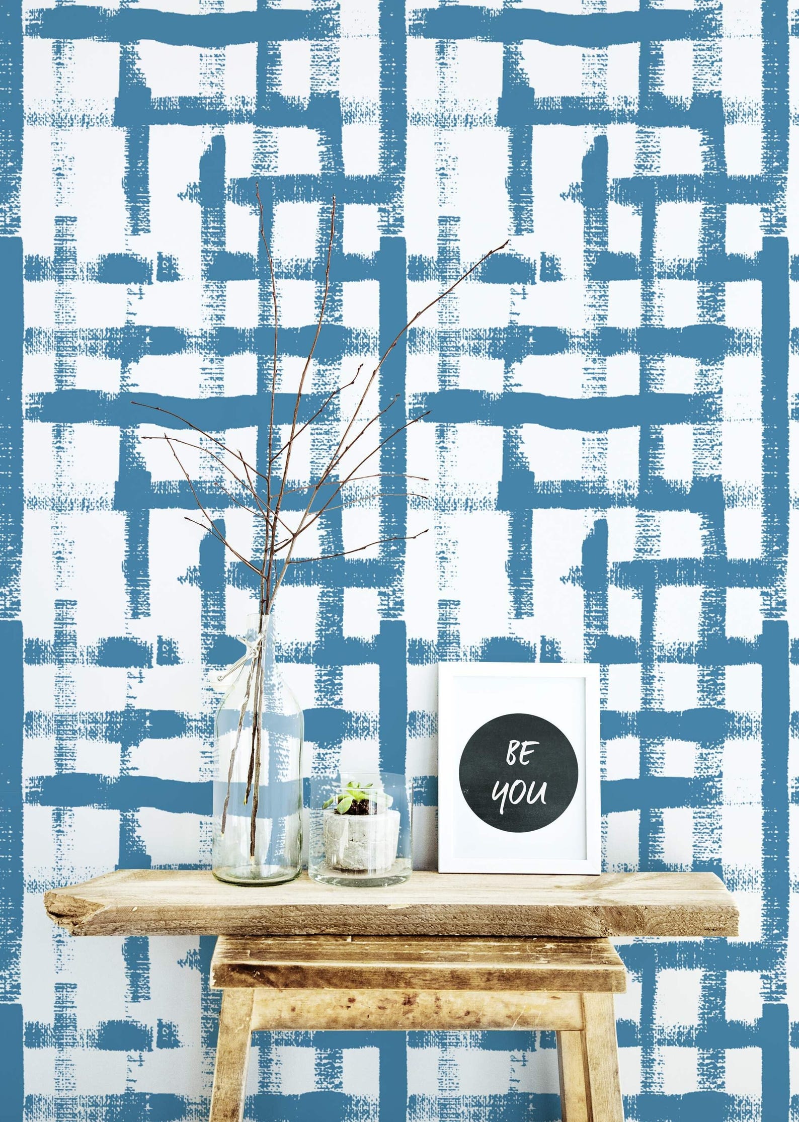 Blue Brush Stroke Self-adhesive Wallpaper | Grid Removable Peel and ...