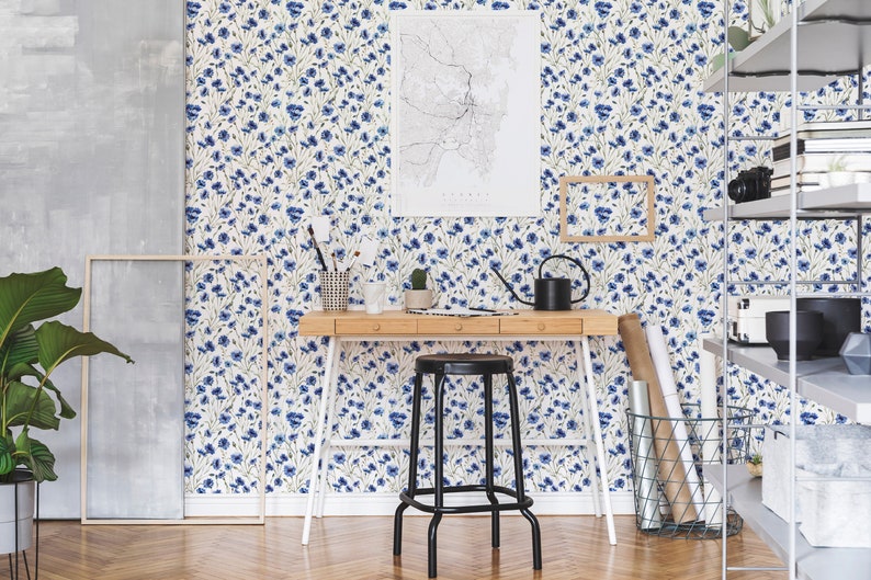 Blue Floral Wallpaper Removable Peel and Stick Wallpaper or - Etsy