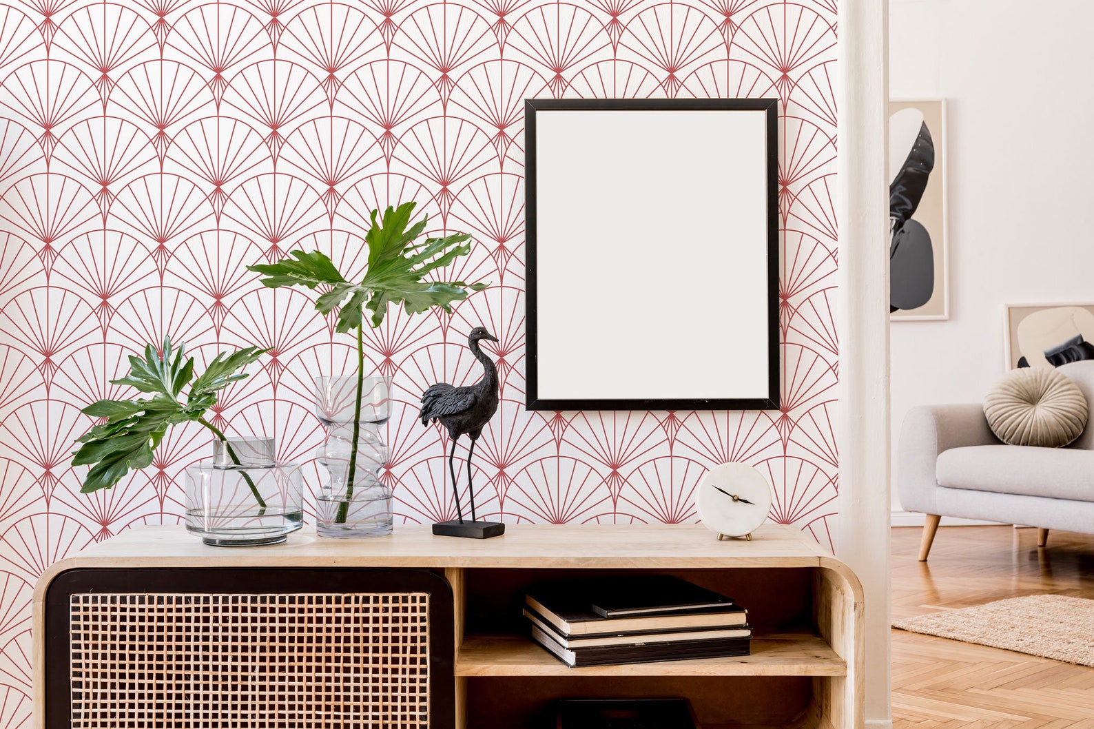 Art Déco Removable Wallpaper Red and White Shell Peel and - Etsy
