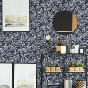 Navy Blue Leaf Wallpaper Removable Peel and Stick Wallpaper or Unpasted ...