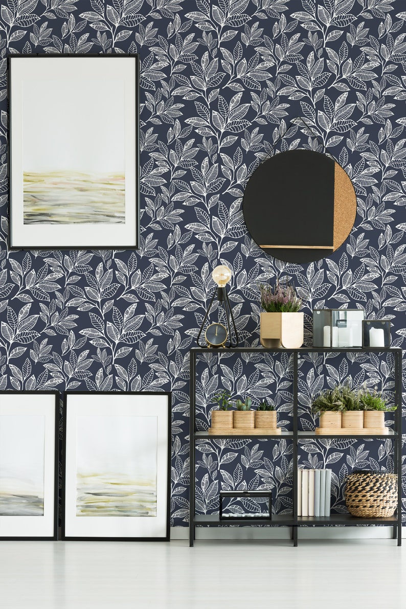 Navy Blue Leaf Wallpaper Removable Peel and Stick Wallpaper - Etsy