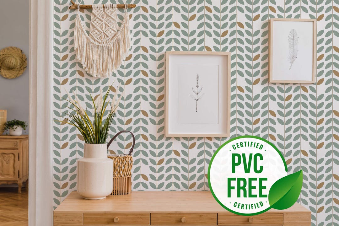 Green and White Mid-century Leaf Wallpaper | Removable Peel and Stick ...