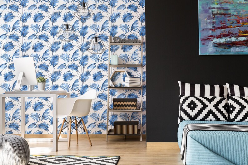 Blue French Leaf Wallpaper | Removable Peel and Stick Wallpaper or ...