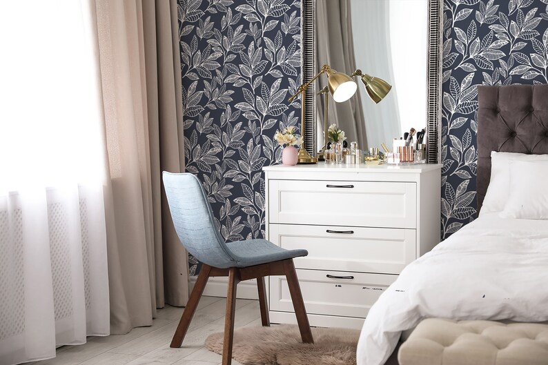 Navy Blue Leaf Wallpaper Removable Peel and Stick Wallpaper - Etsy