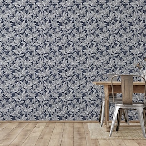 Navy Blue Leaf Wallpaper Removable Peel and Stick Wallpaper or Unpasted ...