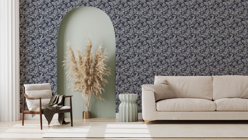 Navy Blue Leaf Wallpaper Removable Peel and Stick Wallpaper - Etsy