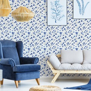 Blue Floral Wallpaper Removable Peel and Stick Wallpaper or Unpasted ...