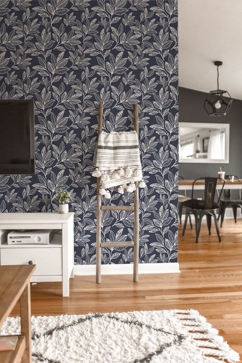 Navy Blue Leaf Wallpaper Removable Peel and Stick Wallpaper - Etsy
