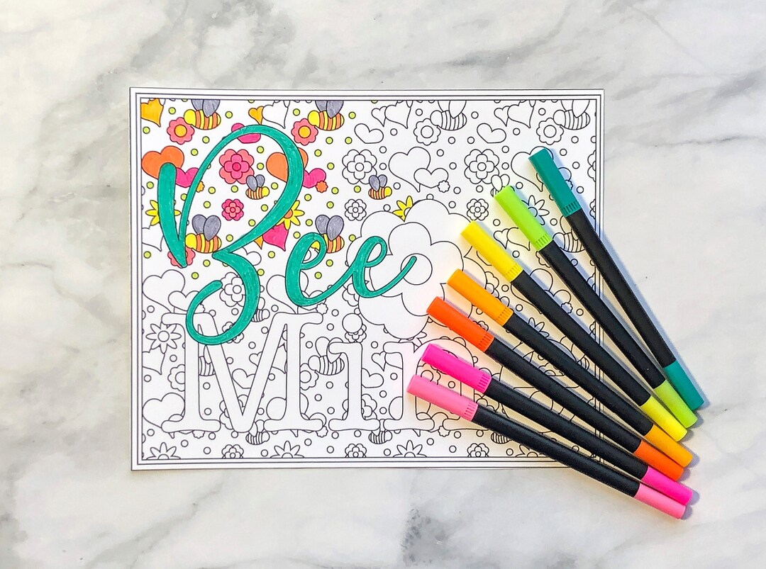 Bee Mine Coloring Page: Valentine's Day Floral Design (8x10 JPEG) - Etsy