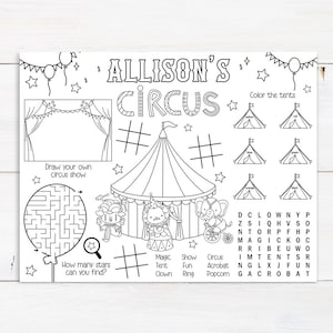 Editable Circus Coloring Placemat, Personalized Circus Party Table ...