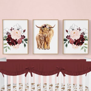 Highland Cow Nursery Prints, Floral Set of 3 Farm Nursery Prints ...