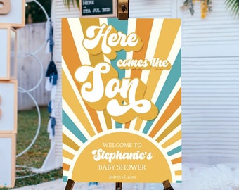 Sunshine Baby Shower Welcome Sign, Retro Here Comes the Son Baby Shower ...