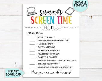 Editable Summer Screen Time Rules for Kids, Summer Planner, Printable ...