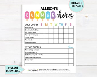Editable Chore Chart for Kids Printable Chore Chart Daily& Weekly ...
