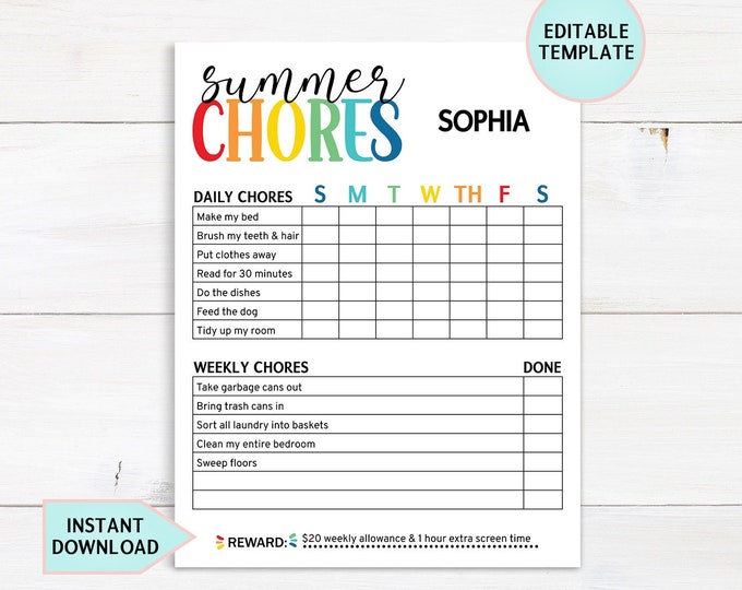 Summer Chore Chart for Kids Responsibility Chart Kids Chores List ...