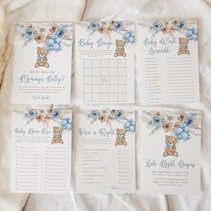 Teddy Bear Baby Shower Games Bundle, Boy Baby Shower Bundle, Blue Boho ...