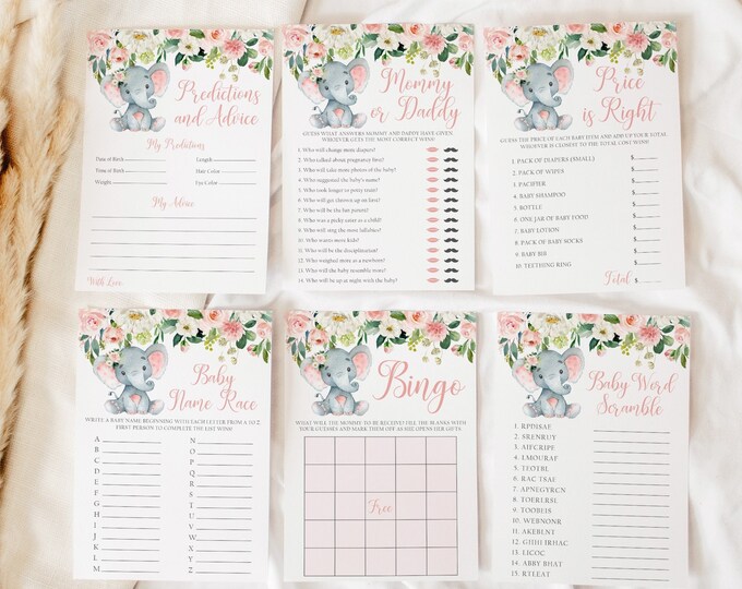 Elephant Baby Shower Games Printable Game Bundle Pink Elephant Girl ...