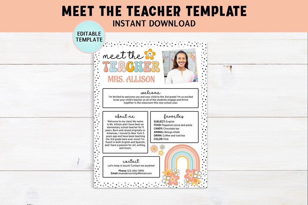 Retro Rainbow Meet the Teacher Template, Editable Teacher Printable ...