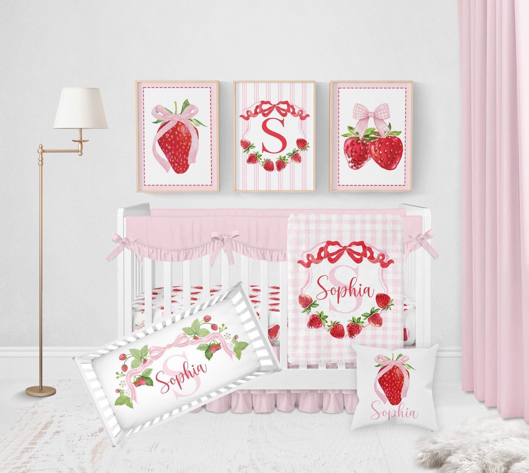 Strawberry Crib Bedding Set Girl, Baby Girl Crib Bedding, Bow Baby ...