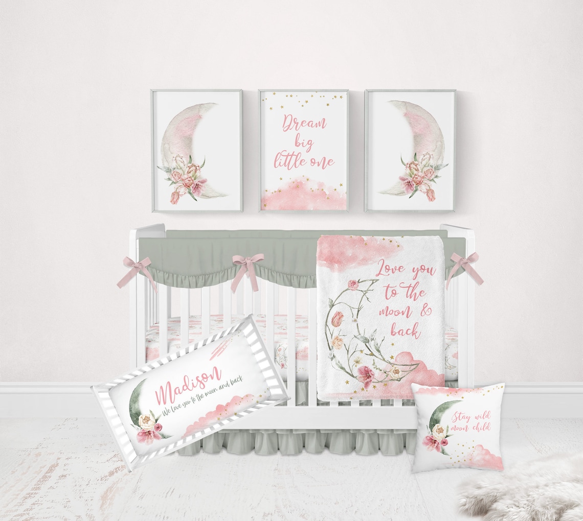 Pink Floral Moon Crib Sheet, Moon Crib Bedding, Moon and Stars Crib ...