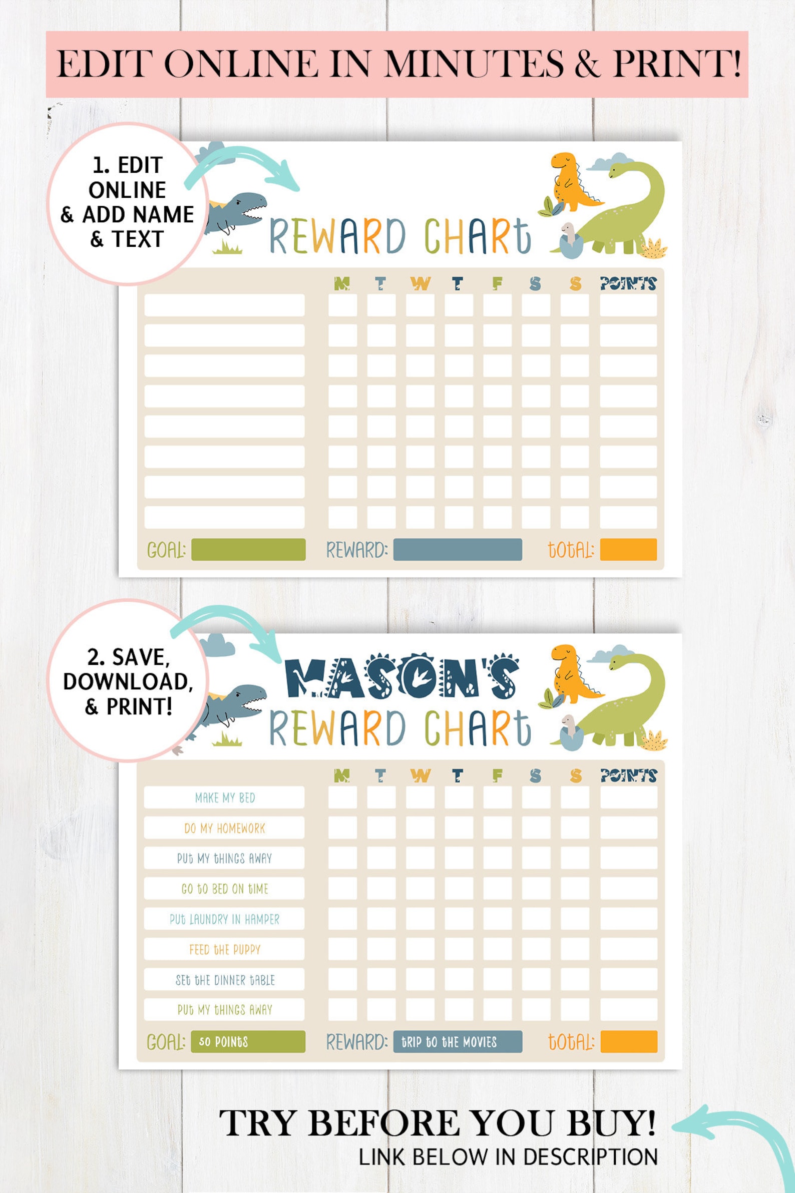 Editable Dinosaur Reward Chart, Printable Dinosaur Chore Chart for Kids ...