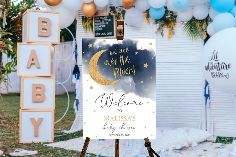 Over the Moon Baby Shower Welcome Sign Blue Baby Shower Sign - Etsy