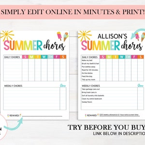 Editable Summer Chore Chart for Kids, Kids Chore Chart Printable, Daily ...