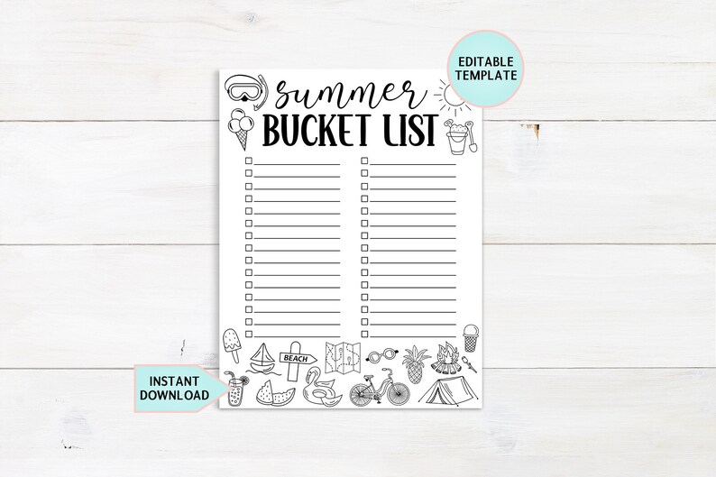 Editable Summer Bucket List Printable, Summer Break Bucket List ...