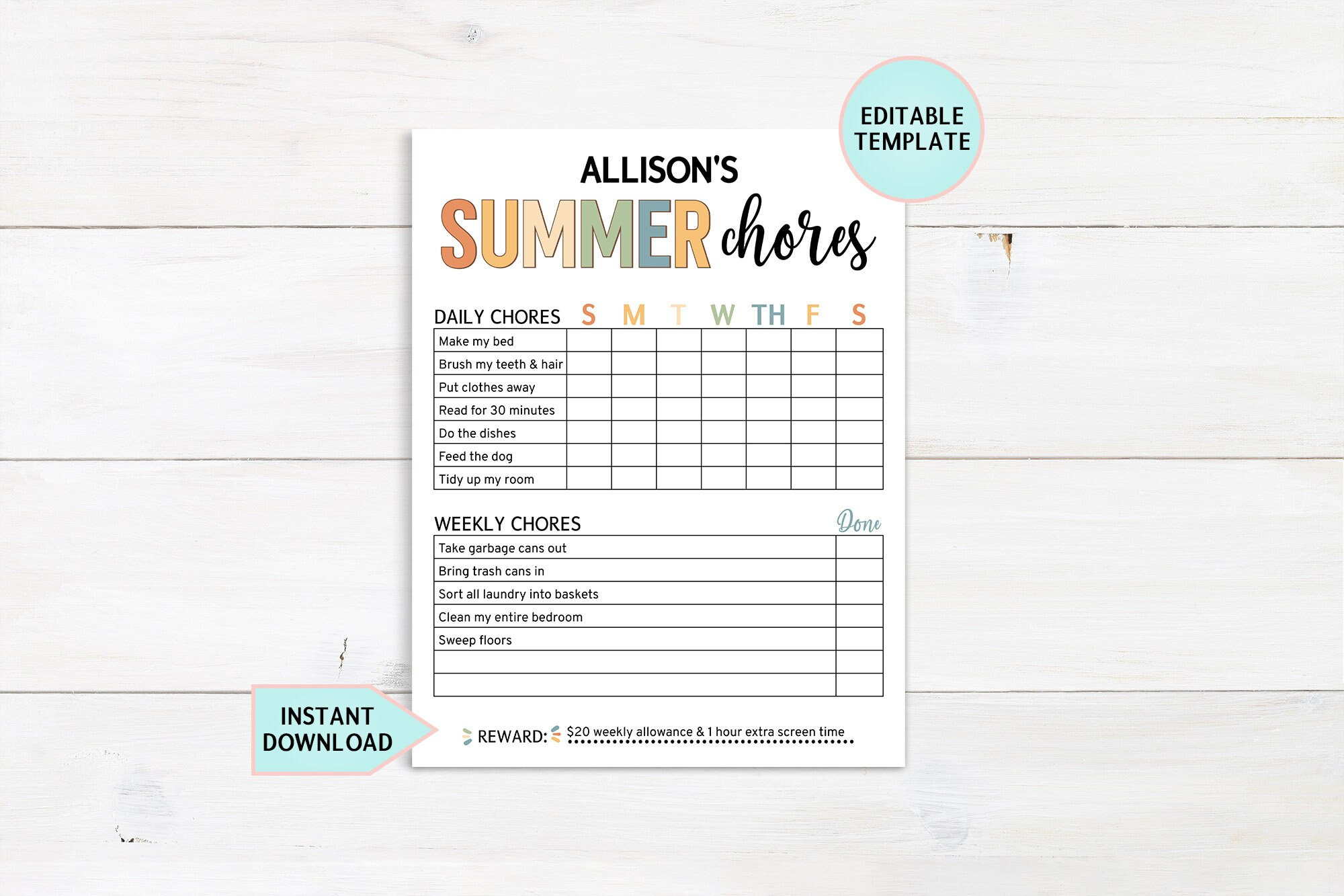 Editable Summer Chore Chart, Printable Chore Chart for Kids, Summer ...