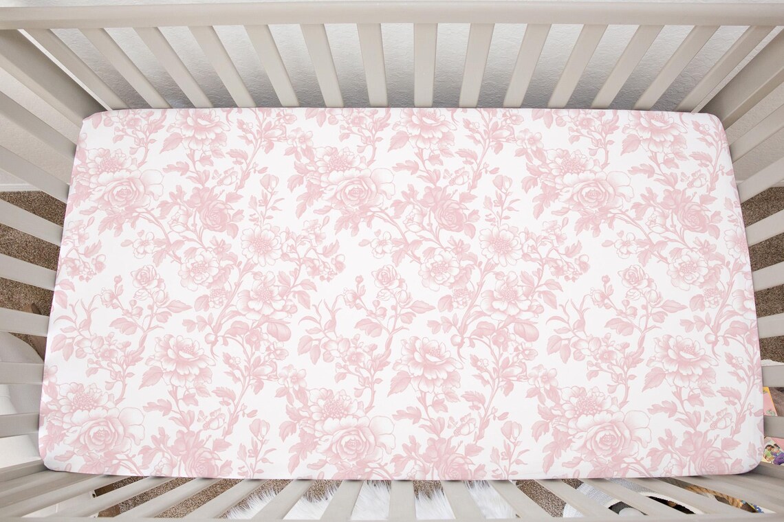 Pink Toile Crib Sheet, Toile De Jouy, Baby Girl Bedding, Pink Floral ...