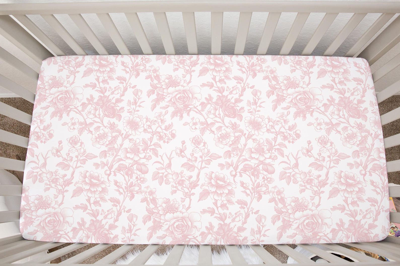 Pink Toile Crib Sheet, Toile De Jouy, Baby Girl Bedding, Pink Floral ...
