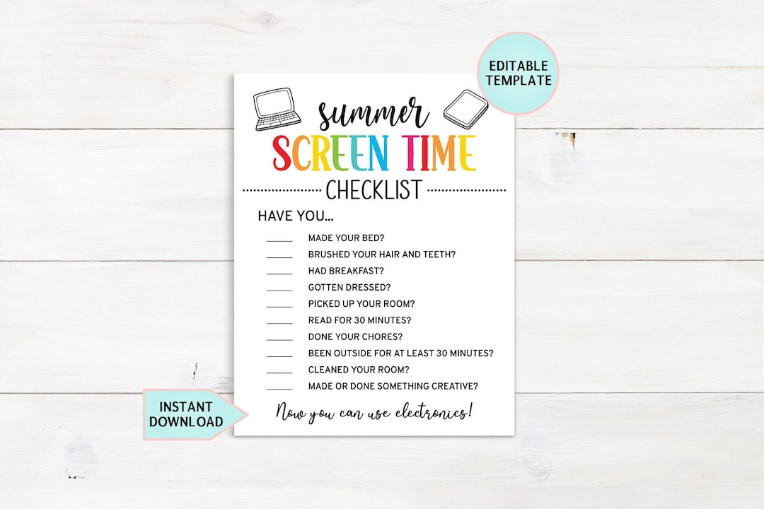 Editable Summer Screen Time Rules for Kids, Summer Planner, Printable ...