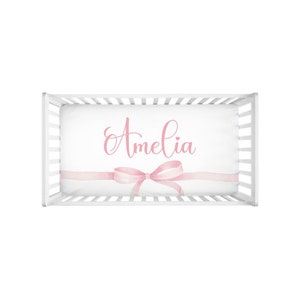 Pink Bow Crib Sheets Girl, Name Crib Sheets, Pink Crib Bedding, Mini ...