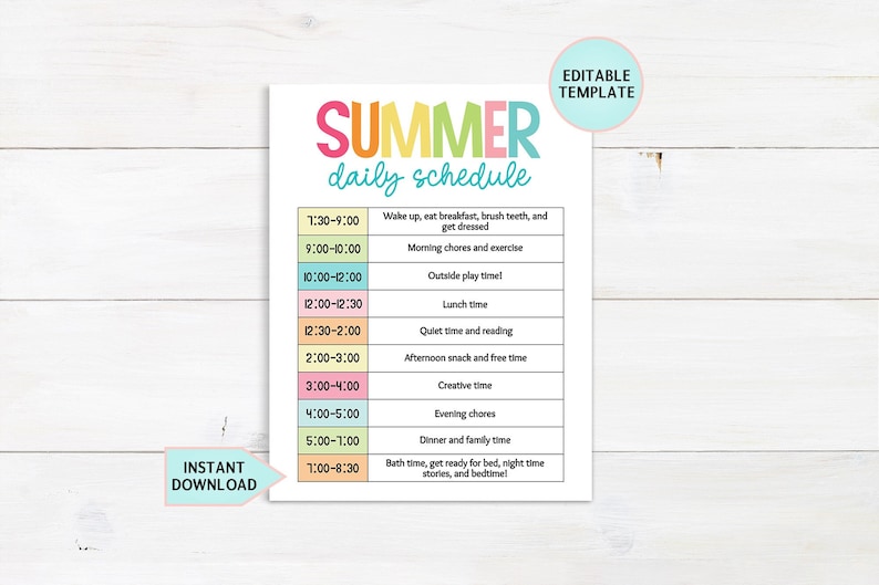 Editable Kids Daily Schedule Template, Summer Daily Checklist for Kids ...
