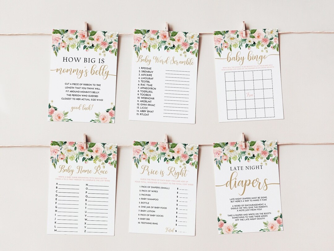 Floral Baby Shower Games Bundle, Blush Pink Floral Baby Shower Bundle ...