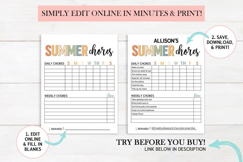 Editable Summer Chore Chart, Printable Chore Chart for Kids, Summer ...
